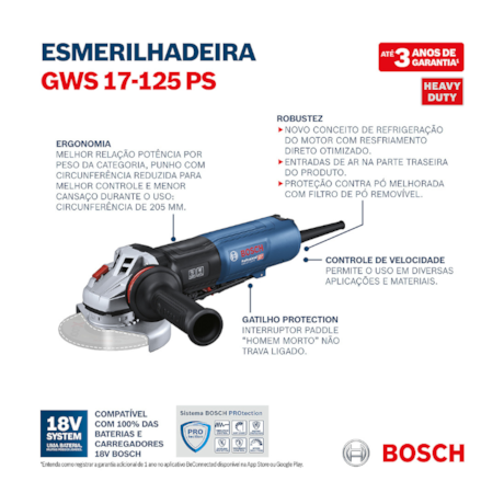 Esmerilhadeira Angular 5" 1700W GWS 17-125PS BOSCH | Anhanguera Ferramentas