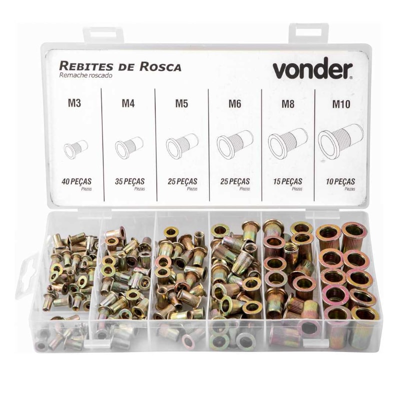 Jogo de Rebites de Rosca M3 a M10 com 150 Peças 3581003010 VONDER ...