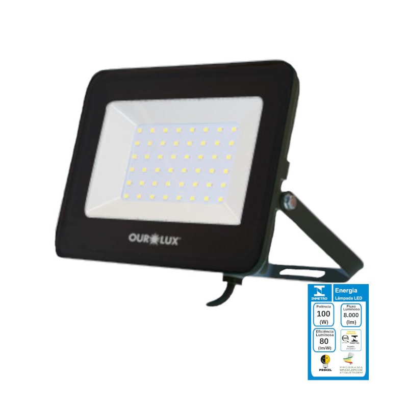 Refletor Projetor LED 100W 6500K Bivolt Preto 3381 OUROLUX | Anhanguera Ferramentas